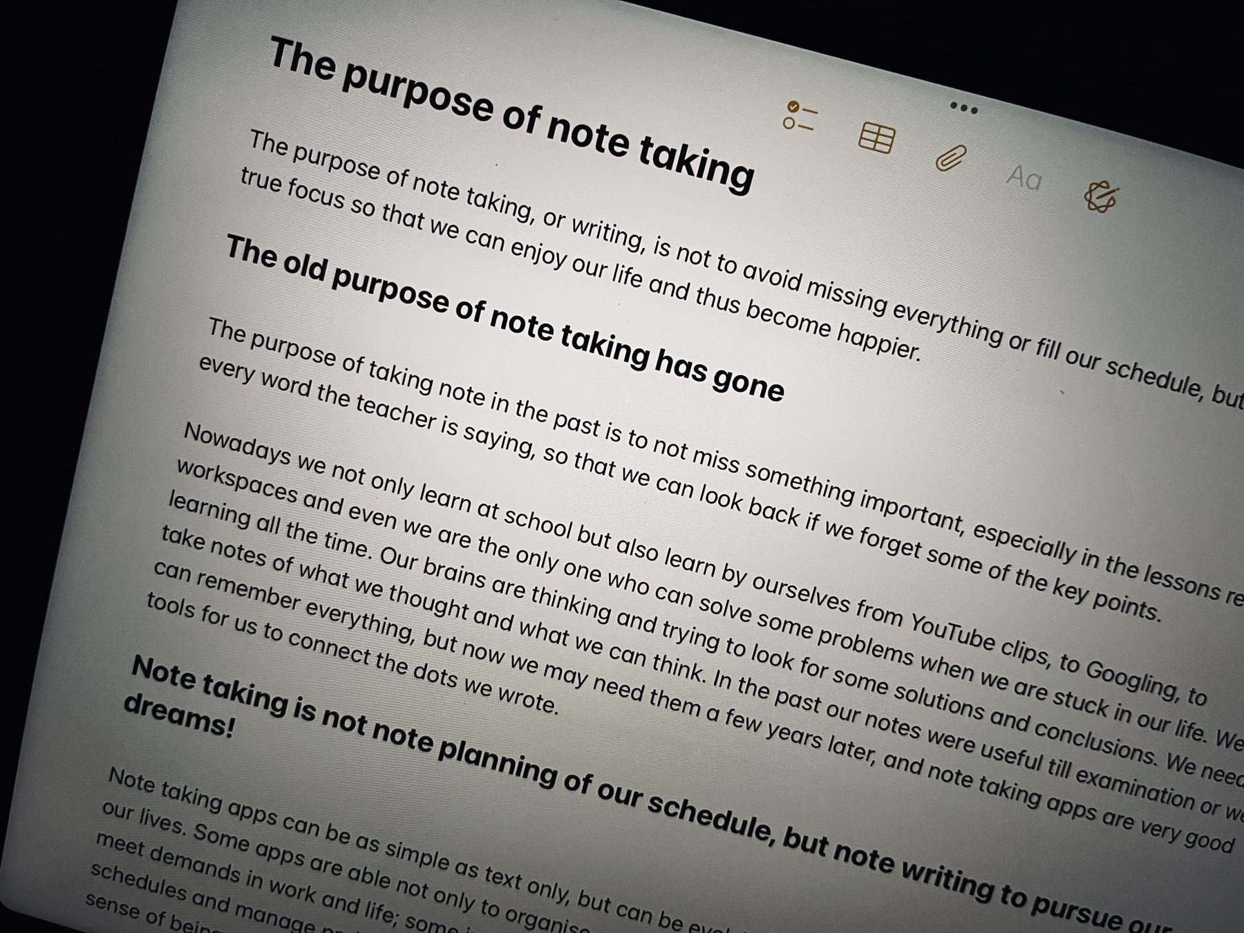 The purpose of note taking - alvin in the room